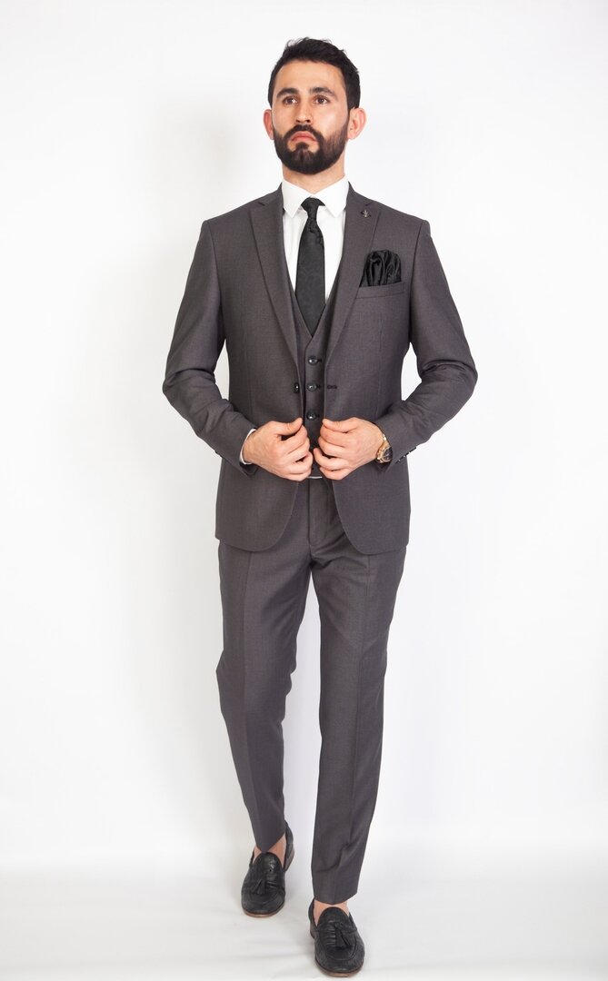 Šedý pánský oblek s vestou Slim Fit, model Daniel | PACO ROMANO